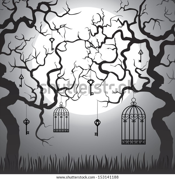 Enchanted Forest Gnarled Trees Cages Halloween Stock Vector (Royalty ...