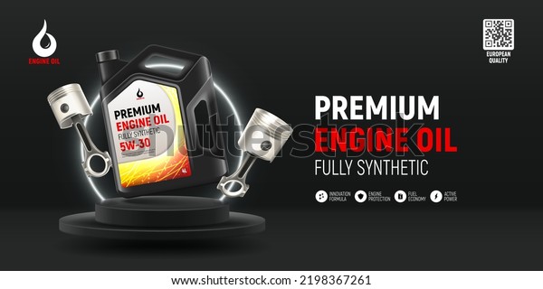 Engine oil advertising banner. Realistic vector illustration with ...