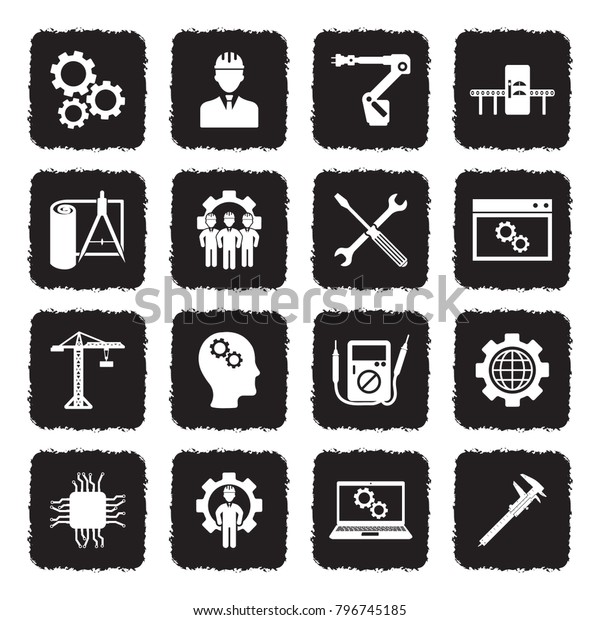 Engineering Manufacturing Icons Grunge Black Flat Stock Vector (Royalty ...