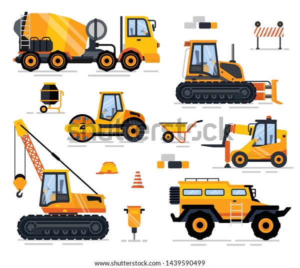 Engineering vehicle, side view tractor with hook, drill and cone ...