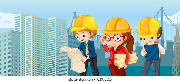 Engineers Workers Reading Blueprints Illustration Stock Vector (Royalty ...