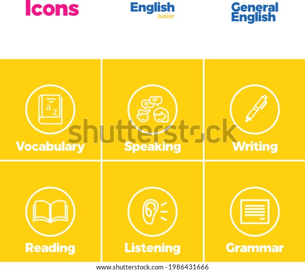 English class icon set. Reading, Speaking, Writing, Listening, Grammar ...