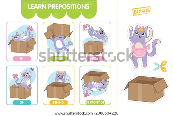 English Prepositions Worksheets Educational Visual Flashcards Stock ...