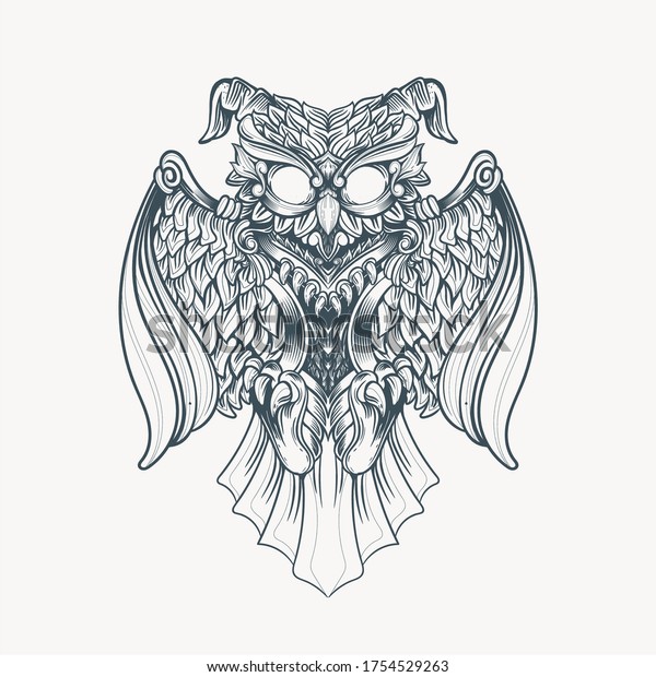 Engraving Owl Artwork Design Tattoo Illustration Stock Vector (Royalty ...