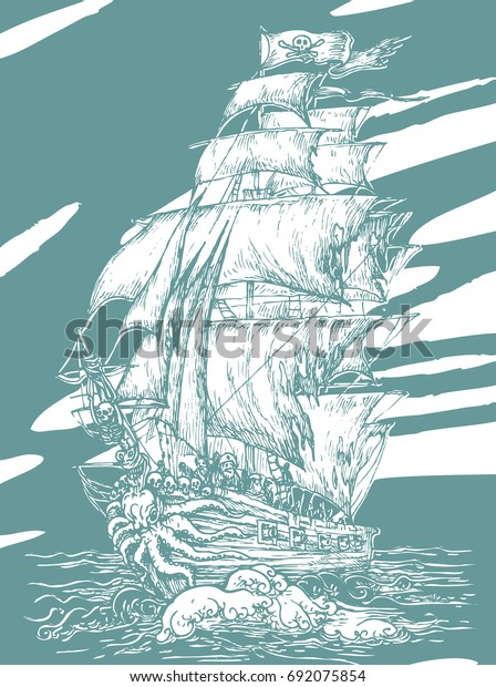 Engraving Ship Sea Hand Drawn Vector Stock Vector (Royalty Free ...