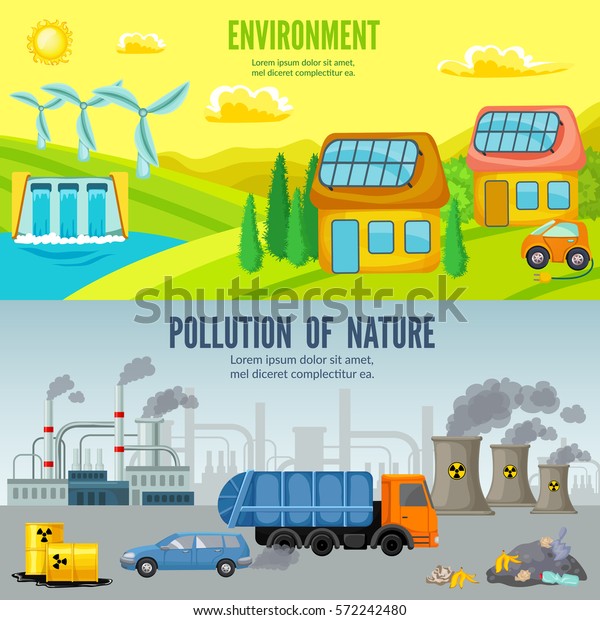 Environmental Pollution Cartoon Horizontal Banners Comparison Stock ...