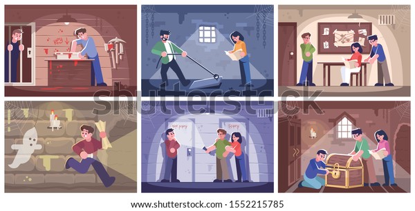 Escape Room Flat Vector Illustrations Set Stock Vector (Royalty Free ...