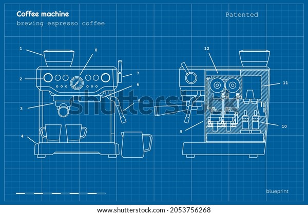 Espresso Coffee Machine Blueprint Outline Drawing: stockvector ...