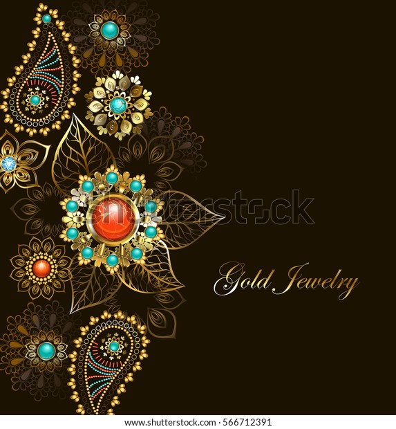 Ethnic pattern of gold and bronze, decorated with turquoise and jasper ...