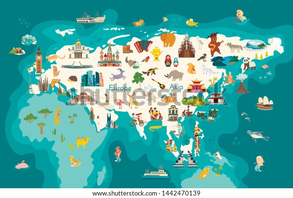 Eurasia Continent World Map Landmarks Vector 스톡 벡터(로열티 프리) 1442470139 ...