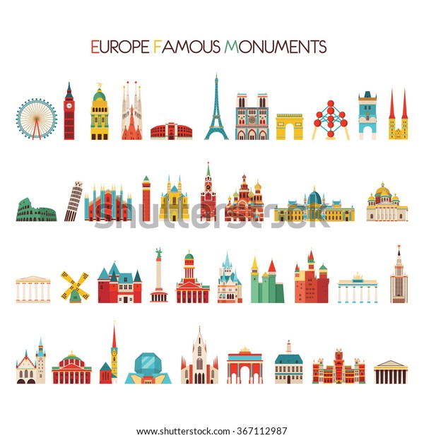 Europe Famous Monuments Set Vector Illustration 스톡 벡터(로열티 프리) 367112987 ...