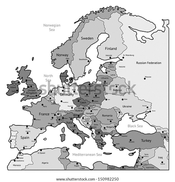 Europe Map Gray Colors Names Town Stock Vector (Royalty Free) 150982250