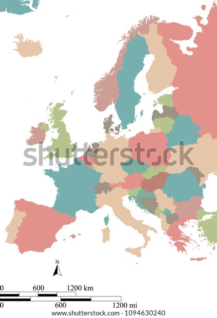 Europe map vector outline with scales of miles and kilometers and ...