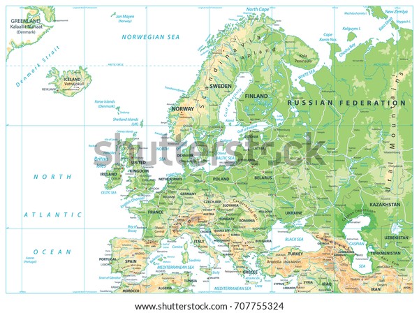 Europe Physical Map Isolated On White Stock Vector (Royalty Free ...