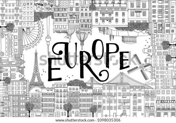 Europe Postcard Template Hand Drawn Houses Stock Vector (Royalty Free ...