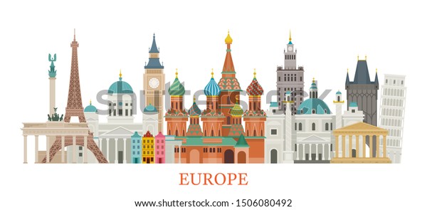 Europe Skyline Landmarks in Flat Style, Famous Place and Historical ...