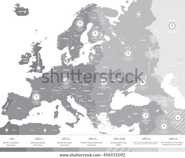 Europe Time Zones Map Grey Scales : image vectorielle de stock (libre ...