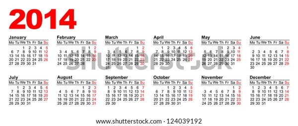 European Calendar 2014 Vector Horizontal Stock Vector (Royalty Free ...