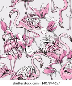 Exotic Seamless Pattern Pink Flamingos Magnolia: Stock-Vektorgrafik ...