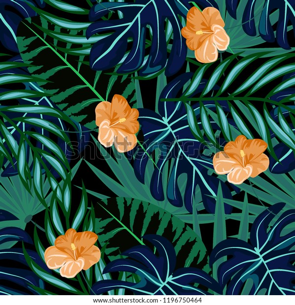 Exotic Seamless Pattern Tropical Leaves Hibiscus Stock Vector Royalty