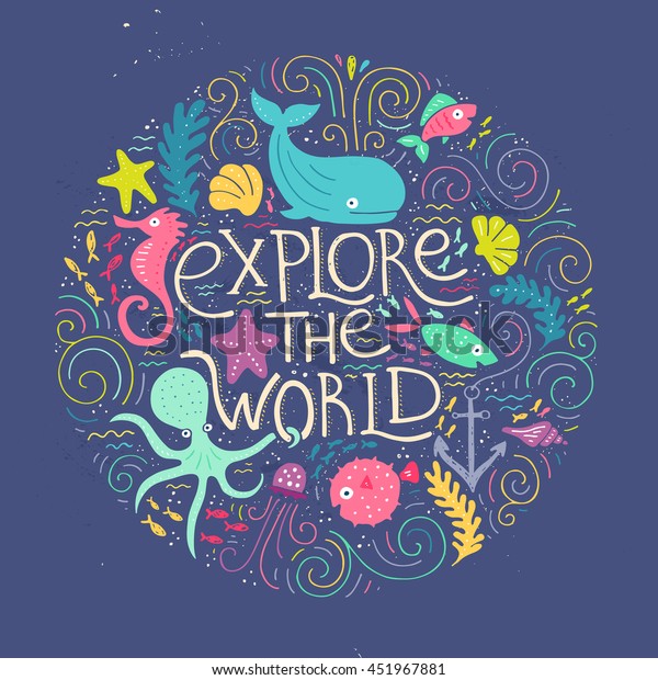Vetor stock de Explore World Handdrawn Poster Lettering Different ...