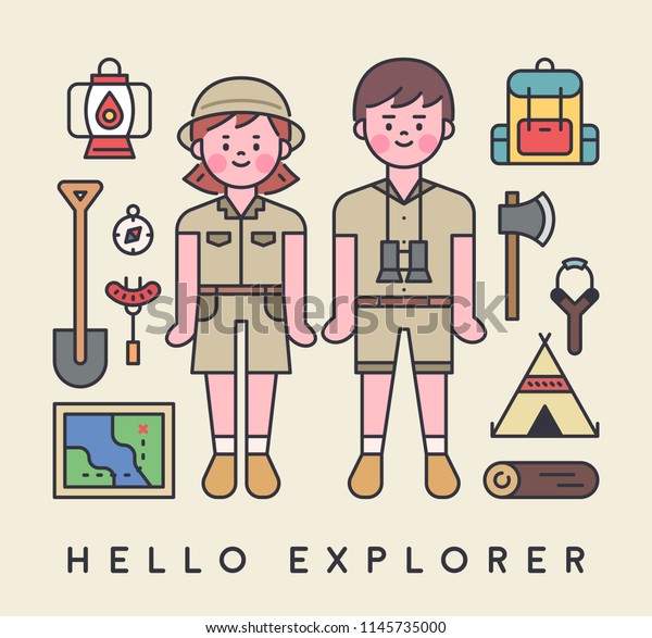 Explorers Characters Exploration Equipment Icons Outline 스톡 벡터(로열티 프리 ...