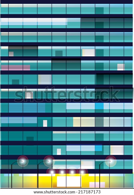 Exterior wall with windows. Office building at night. Vector illustration.