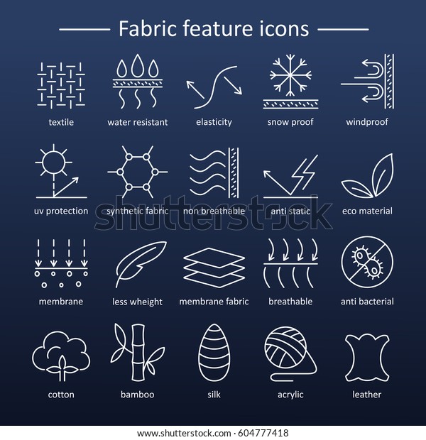 Fabric and clothes feature line icons. Linear wear labels. Elements ...