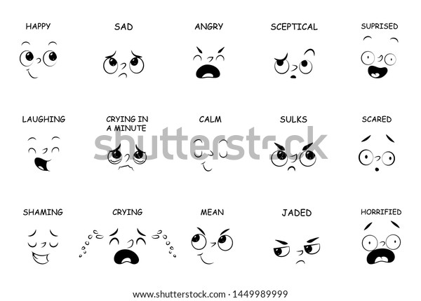 face expressions with names for comic book, cartoon character isolated ...