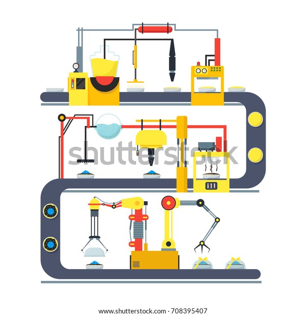 Factory Conveyor Automatic Cakes Production Line Stock Vector (Royalty ...