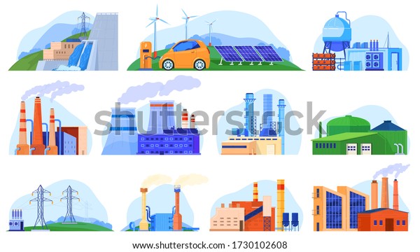 Factory Power Plants Set Industrial Constructions Stock Vector (Royalty ...
