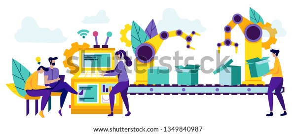 Factory Production Line Employees Pack Products Stock Vector (Royalty ...