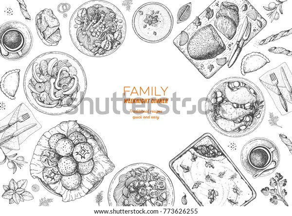 Family dinner top view, vector illustration. Friendly dinner table ...