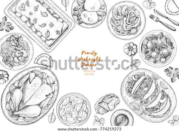 Family Dinner Top View Vector Illustration Stock Vector (Royalty Free ...