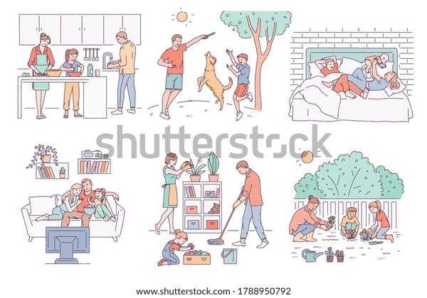 Family Time Daily Routine Set Parents Stock Vector (Royalty Free ...
