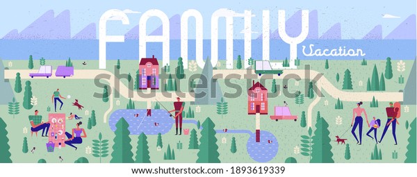 Family Vacation Wide Panoramic Vector Illustration Stock Vector ...