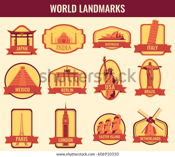 Famous Monuments Landmarks Collection Labels Travel: vector de stock ...
