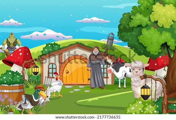 Fantasy Cartoon Scene Farm Animals Illustration: เวกเตอร์สต็อก (ปลอดค่า ...