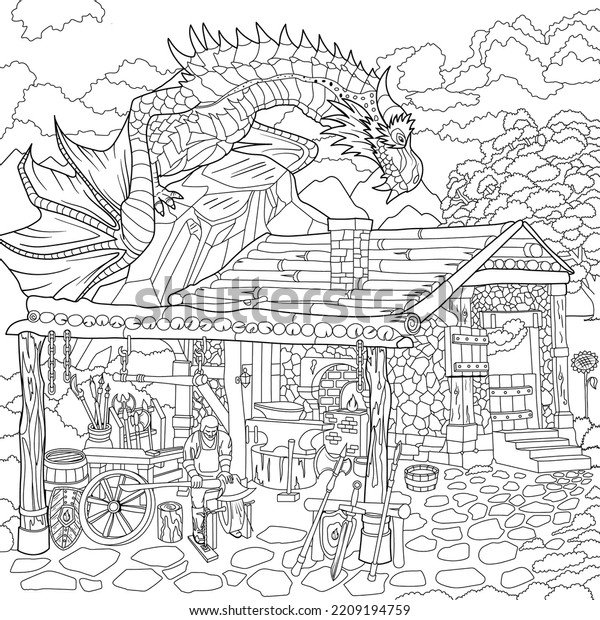 Fantasy Illustration Forge Dragon Coloring Book Stock Vector (Royalty ...