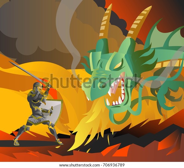Fantasy Knight Fighting Green Fire Breathing Stock Vector (Royalty Free ...