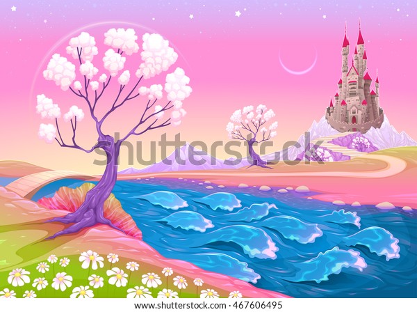 Fantasy Landscape Castle Cartoon Vector Illustration Stock Vector ...