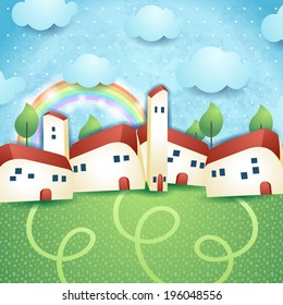 Fantasy Landscape Village Vector: vector de stock (libre de regalías ...