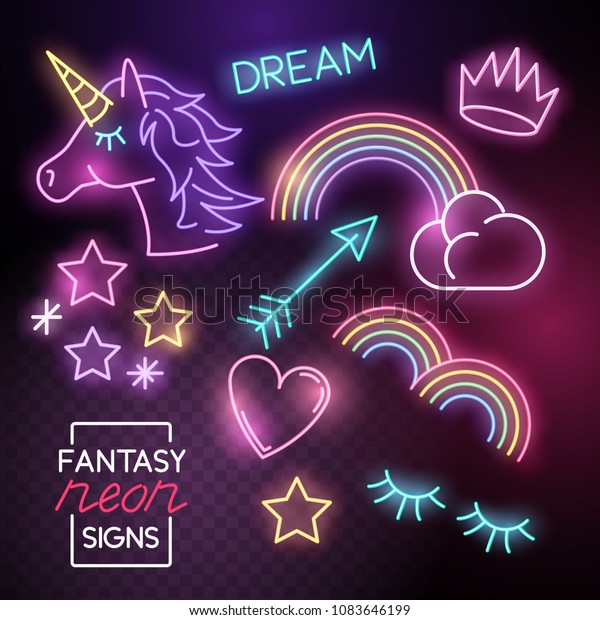 Fantasy Neon Lights Set Incuding Unicorns Stock Vector (Royalty Free ...