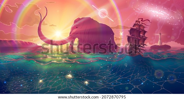 Fantasy Summer Sunset Landscape Drawing Magic Stock Vector (Royalty ...