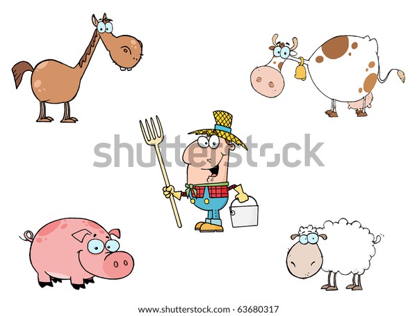 Farm Animals Cartoon Characters Farmer: vector de stock (libre de ...
