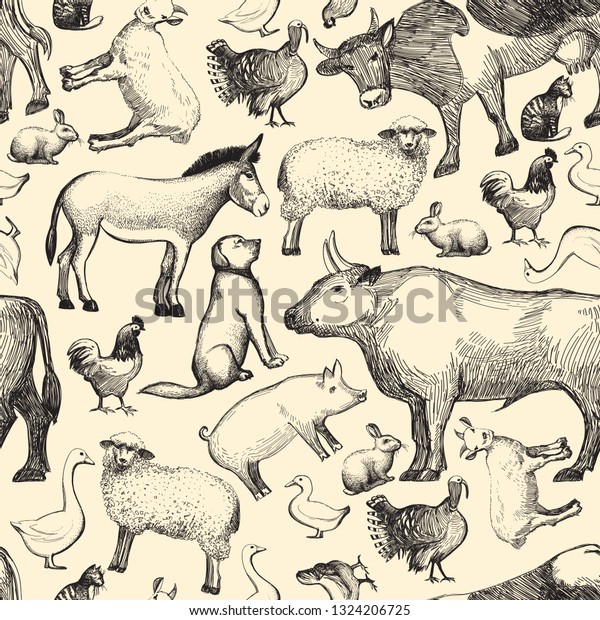 Farm Animals Doodle Seamless Pattern Template Stock Vector (Royalty ...