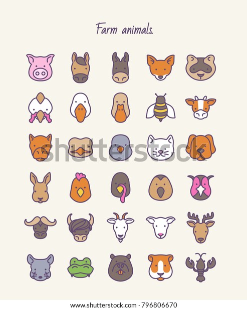 Farm Animals Outline Vector Set Icons 스톡 벡터(로열티 프리) 796806670 ...