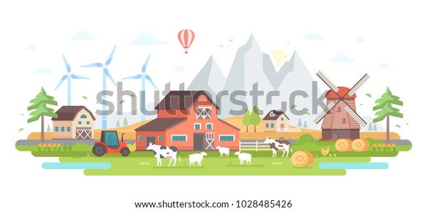 Farm By Mountains Modern Flat Design Stock Vector (Royalty Free) 1028485426