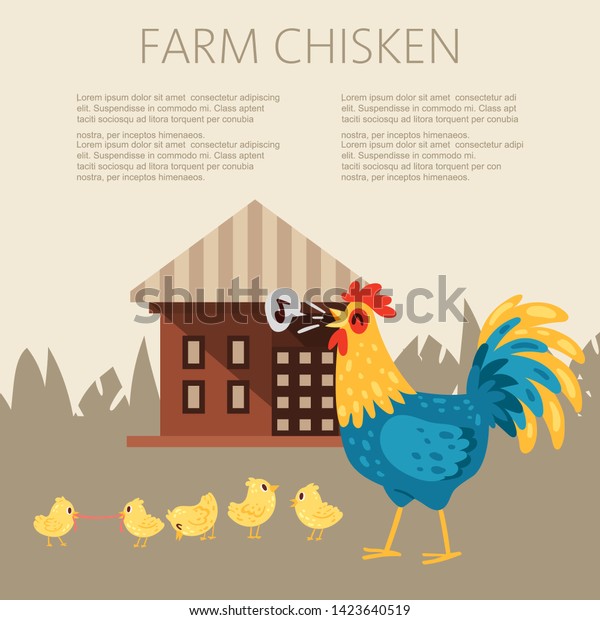 Farm chicken characters. Singing rooster banner vector flat ...