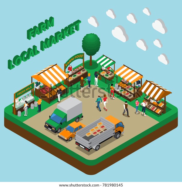 Farm Local Market Isometric Composition Village Stock Vector (Royalty ...
